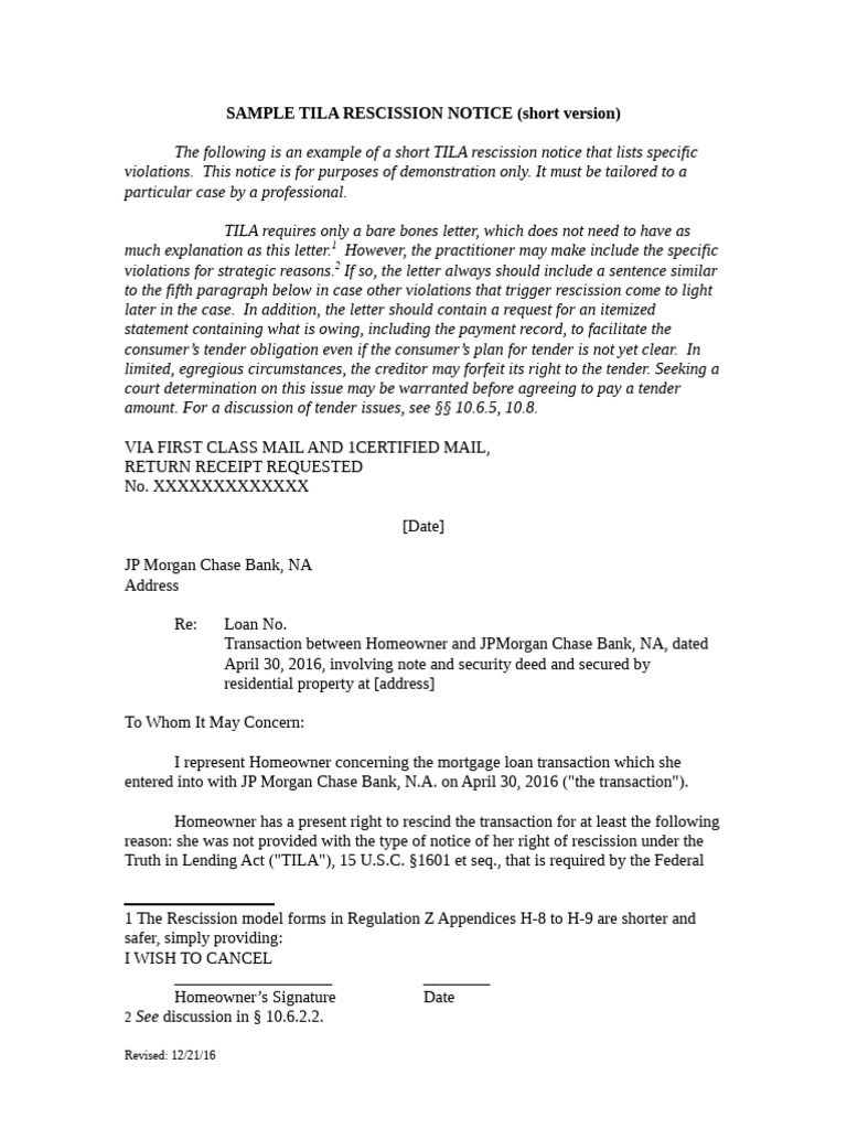 TILA Rescission Guide for Lawyers | PDF | Truth In Lending Act ...