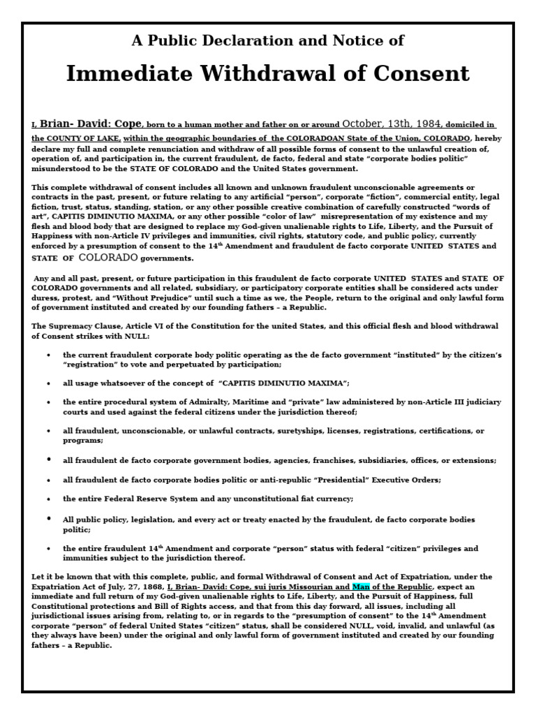WITHDRAWAL OF CONSENT Completed Document | PDF | Fourteenth Amendment ...