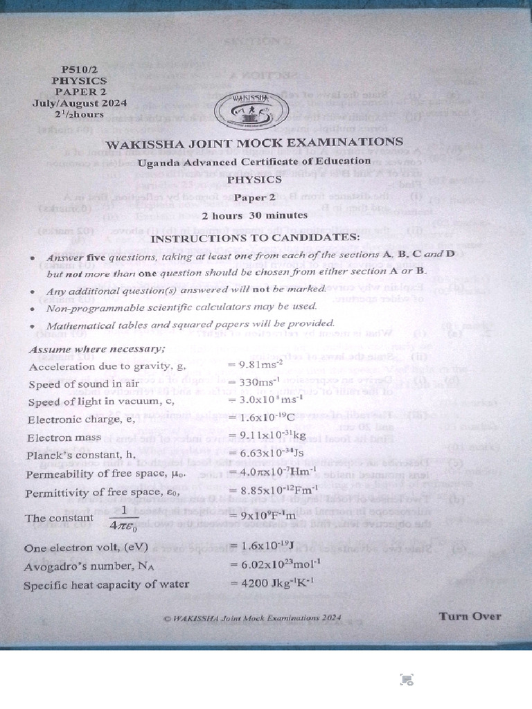 UACE WAKISHA phy p2 2024 | PDF