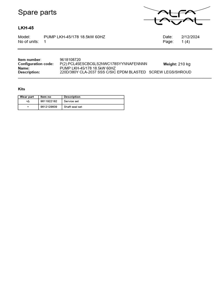 LKH-45 Pump Spare Parts List | PDF | Screw | Pump