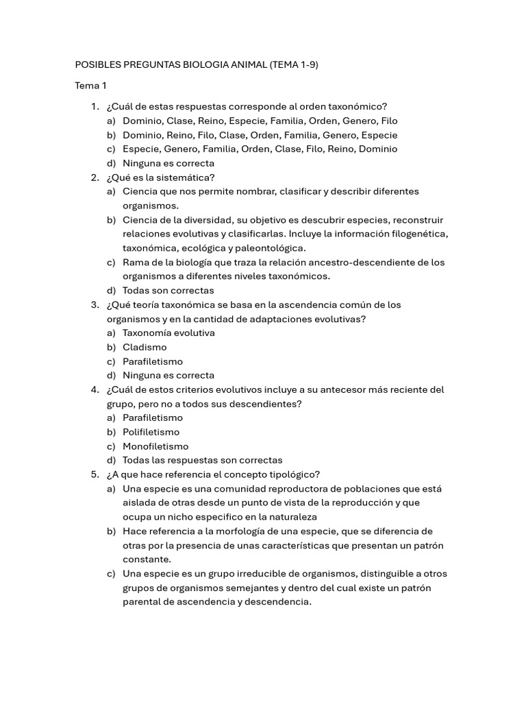 Posibles Preguntas Biologia Animal | PDF | Evolución | Taxonomía (biología)