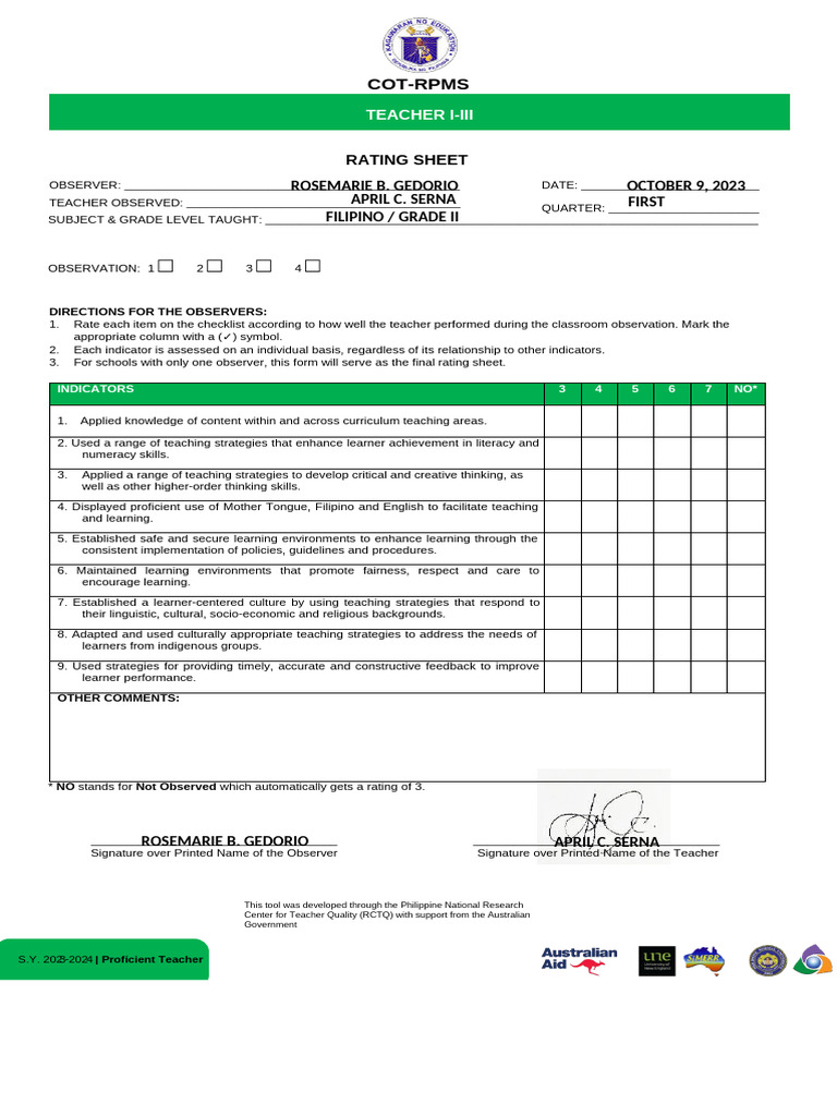 1ST COT-RPMS Rating Sheet For T I-III For SY 2023-2024 | PDF | Teachers ...