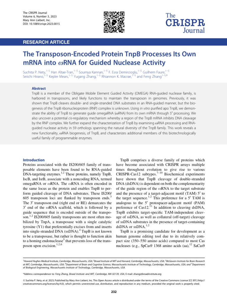 nety et al 2023 the transposon encoded protein tnpb processes its own mrna into ωrna for guided ...
