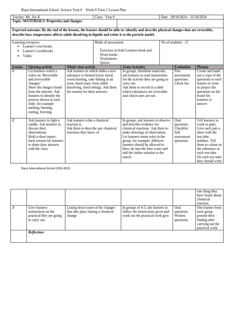 Science Lesson Plan Year 6 Term 1 Week 9 | PDF | Learning | Lesson Plan