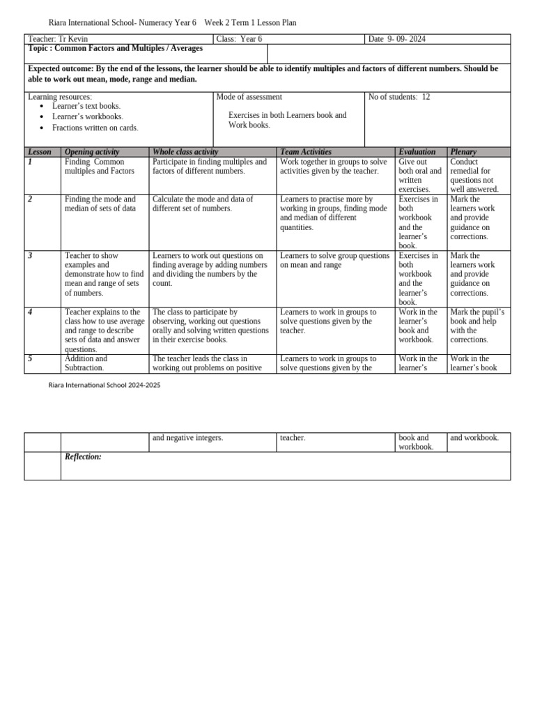 Math Lesson Plan Year 6 Term 1 Week 2 | PDF | Teachers | Mean