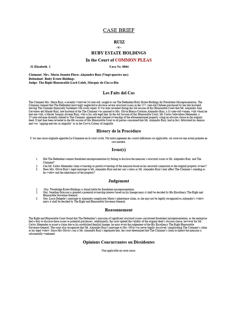 Ruiz v. Ruby Estate Holdings, et al - Case Brief (traslates vers ...