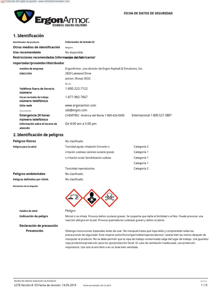 Ficha de Seguridad: Endurecedor EZ | PDF | Agua | Toxicología