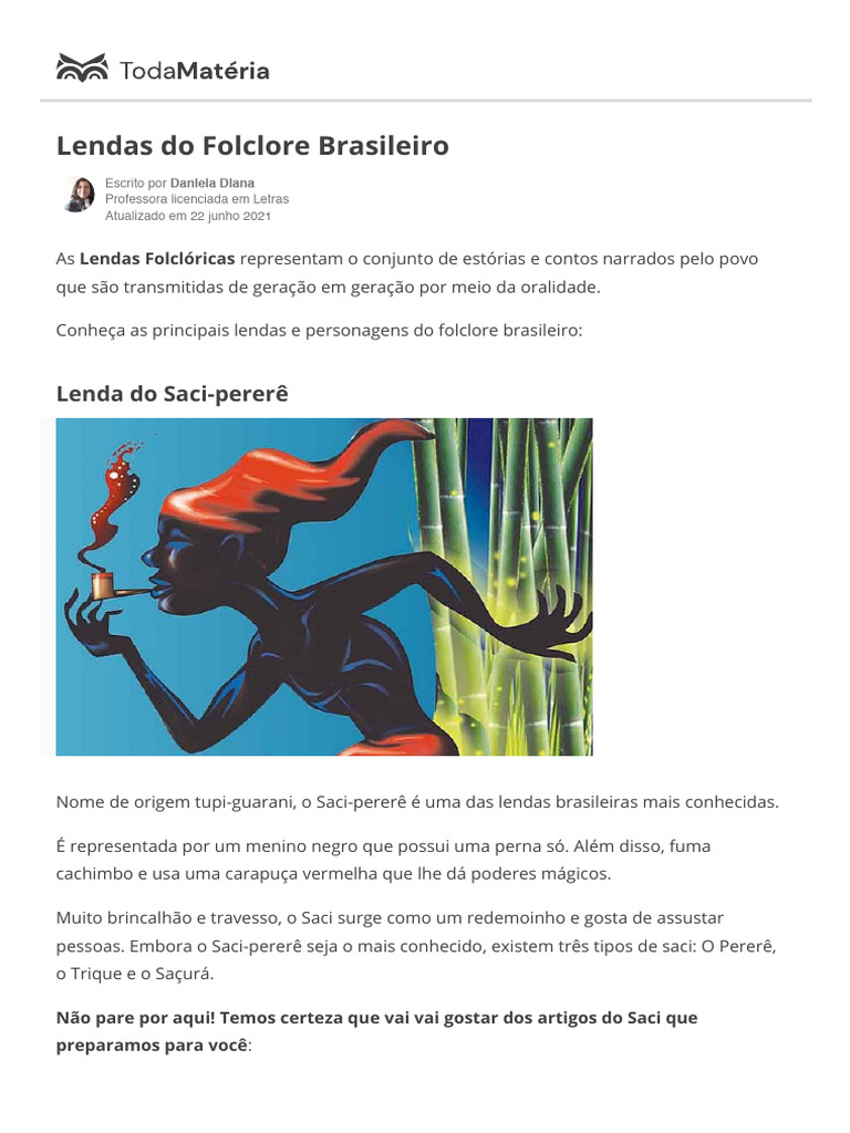 Lendas e Os Personagens Do Folclore Brasileiro - TodaMateria | PDF ...