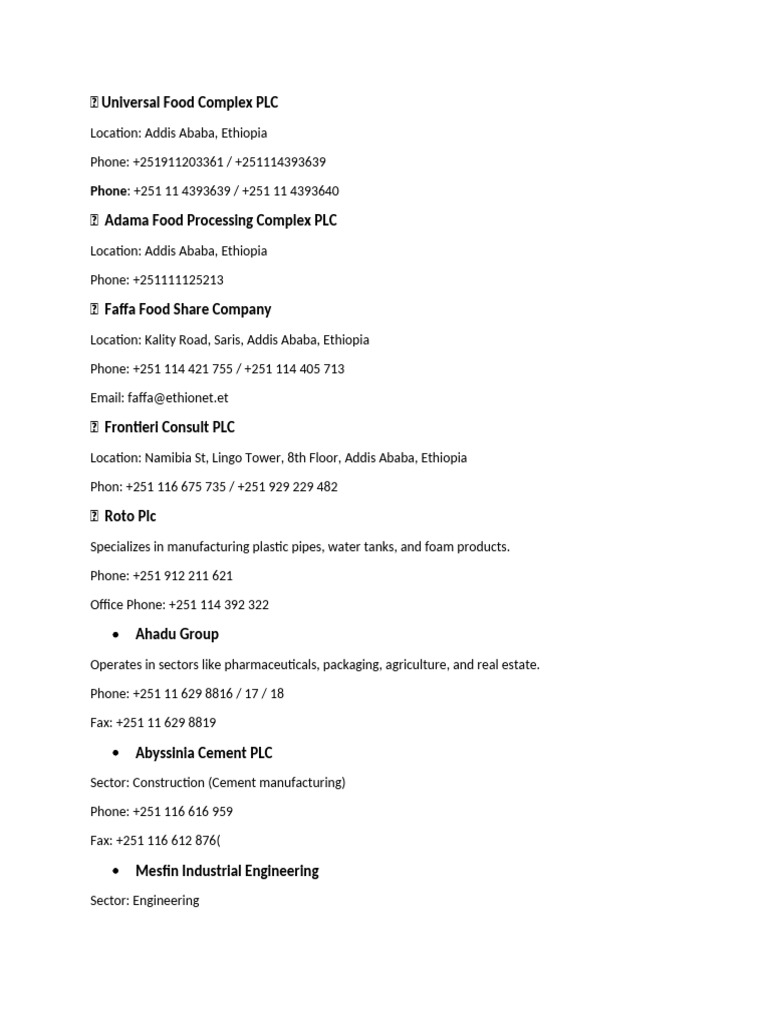 Universal Food Complex PLC: Phone | PDF | Business