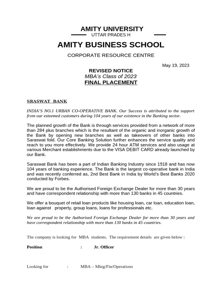 Final Placement - Revised Notice- Saraswat Bank Ltd. | PDF | Banks ... Final Placement - Revised Notice- Saraswat Bank Ltd. | PDF | Banks ...