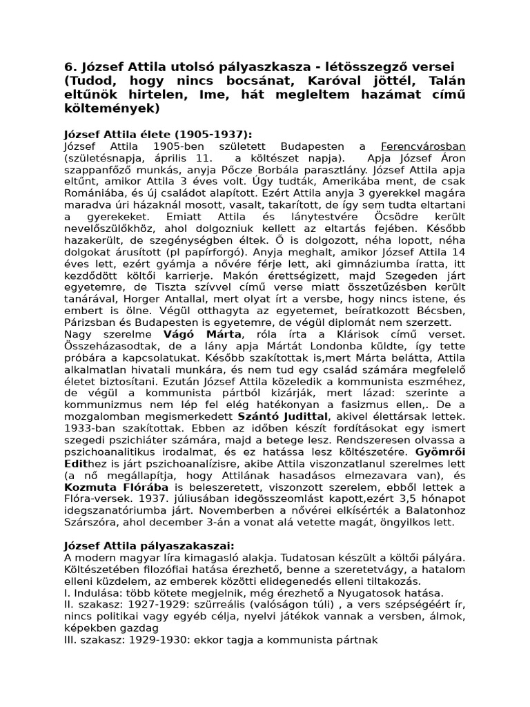 József Attila Utolsó Pályaszakasza - Létösszegző Versei | PDF