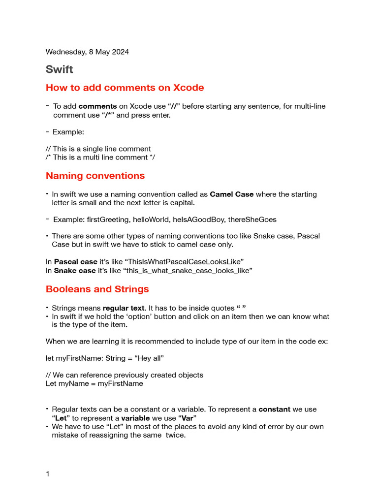 Swift Notes PDF | PDF | Boolean Data Type | Swift (Programming Language)