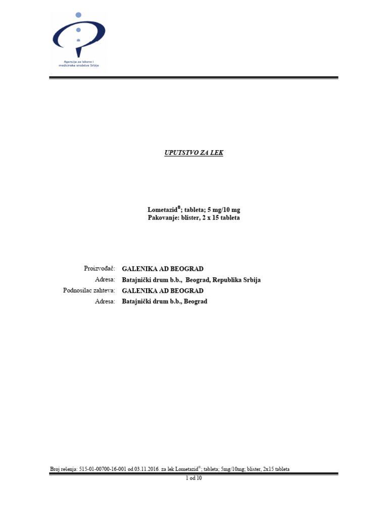 Uputstvo Za Lek: Lometazid Tableta 5 mg/10 MG Pakovanje: Blister, 2 X ...
