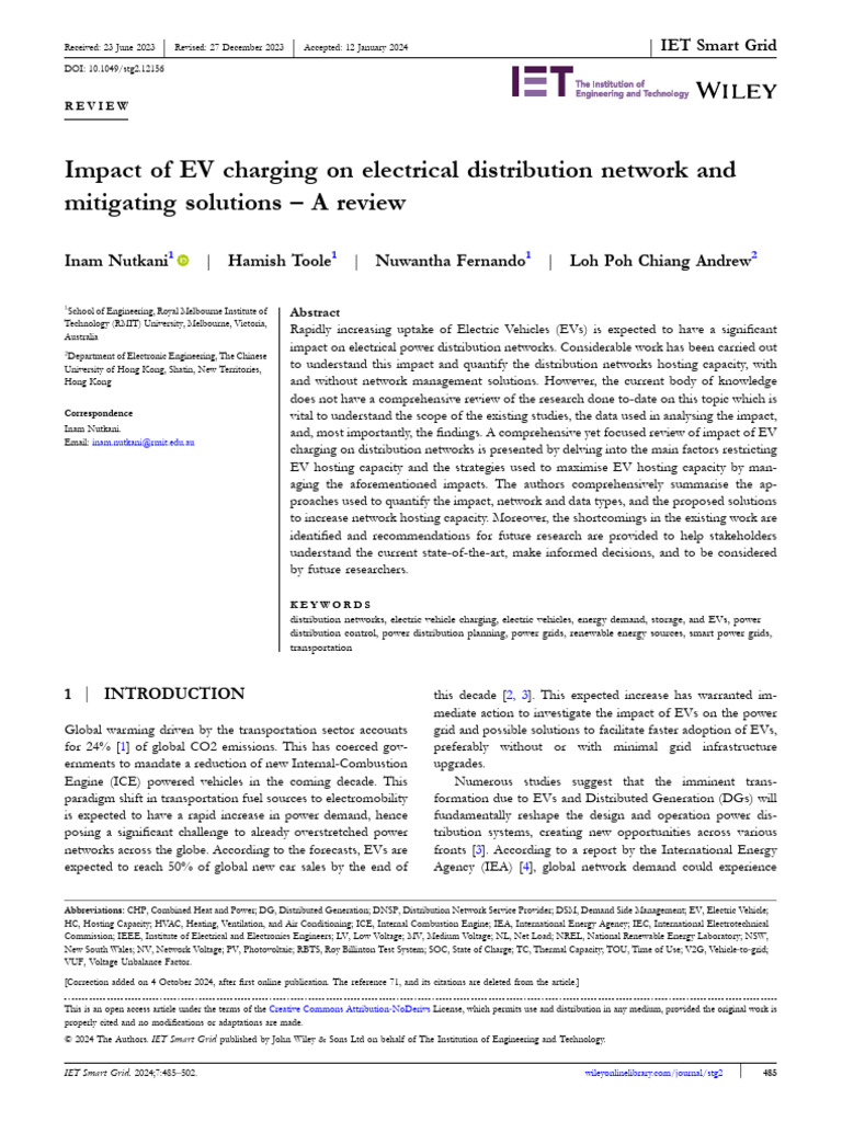 IET Smart Grid - 2024 - Nutkani - Impact of EV Charging On Electrical Distribution Network and ...