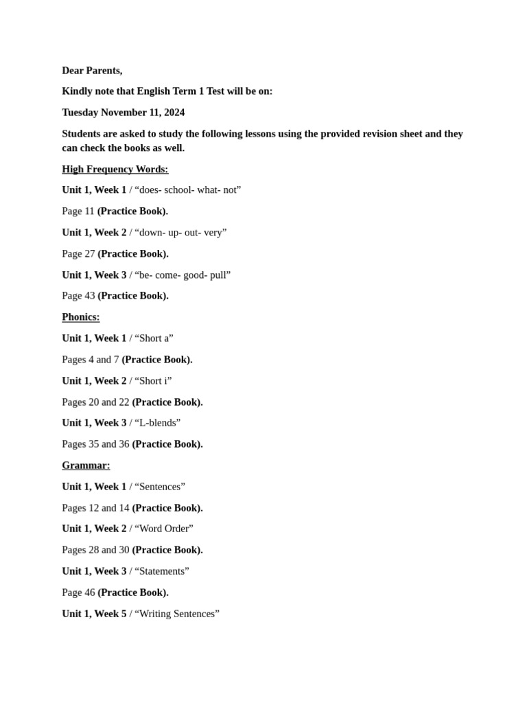 Study Guide Grade 1-Term 1 | PDF | Foreign Language Studies