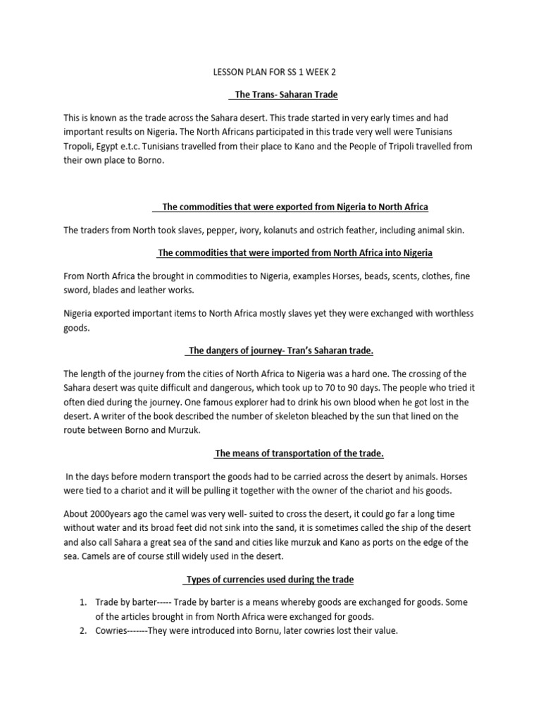 SS1 Lesson: Trans-Saharan Trade | PDF | Sahara | Africa
