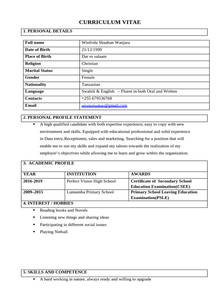 Winfrida Shaaban Wanjara CV | PDF