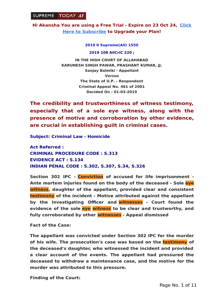 Sanjay Balmiki Vs State of U P 2019 0 Supreme All 1550 | PDF | Witness | Prosecutor