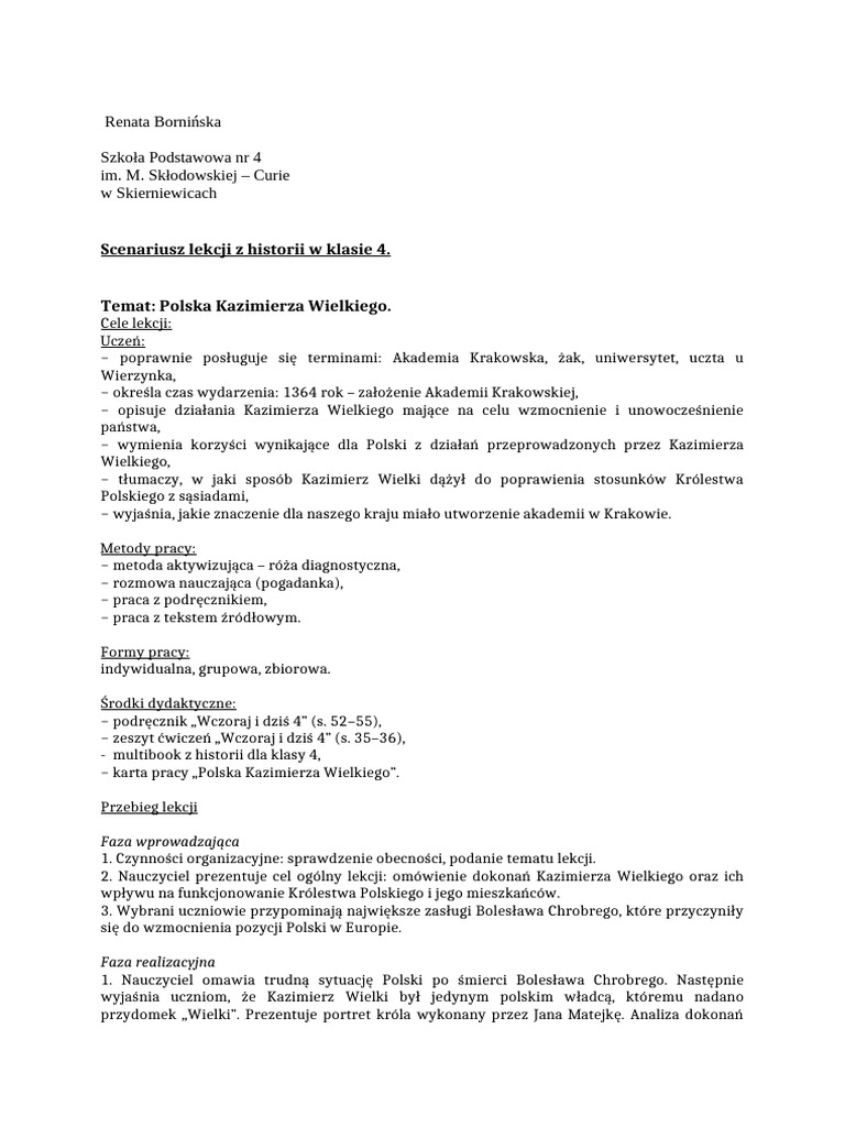 Scenariusz Lekcji Z Historii Kl. 4bis | PDF