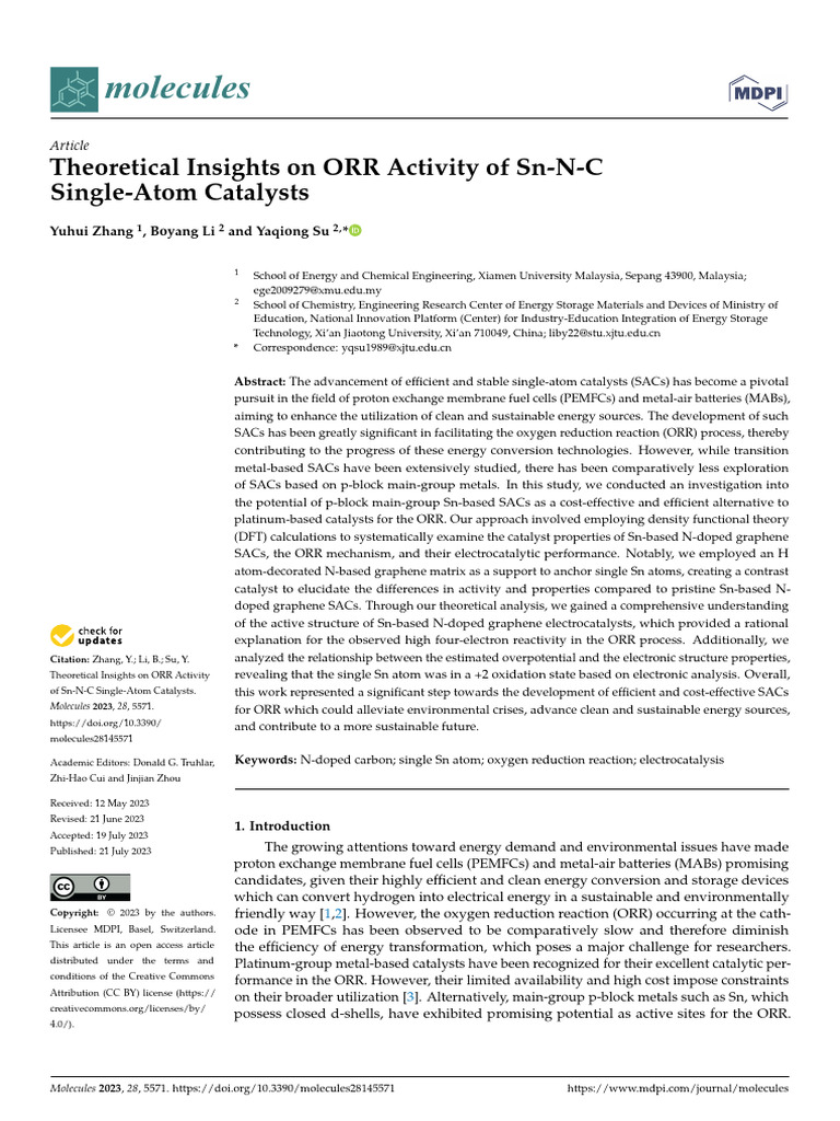 Theoretical Insights On ORR Activity of SN-N-C Single-Atom Catalysts ...