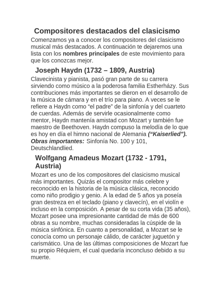 Compositores Destacados Del Clasicismo | PDF | Wolfgang Amadeus Mozart | Periodo Clásico (Música)