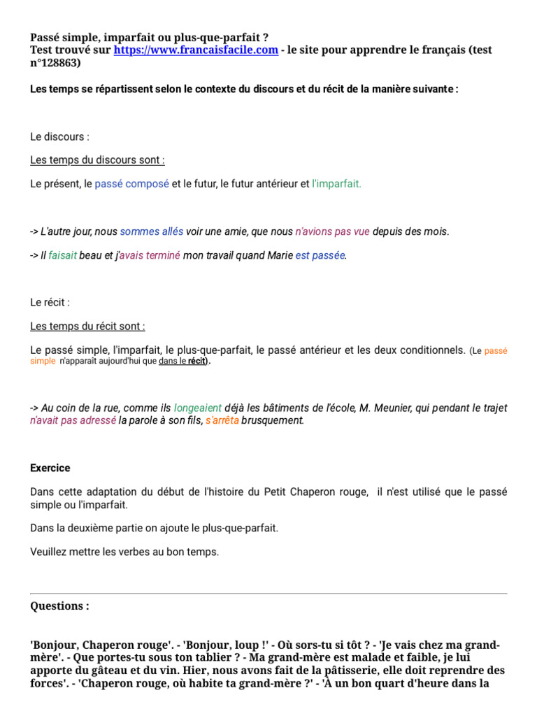 Passé Simple, Imparfait Ou Plus-Que-Parfait | PDF
