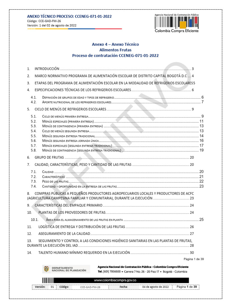 Anexo 4. Anexo Tecnico Frutas 27-12-2022 | PDF | Educación de la primera infancia | Alimentos