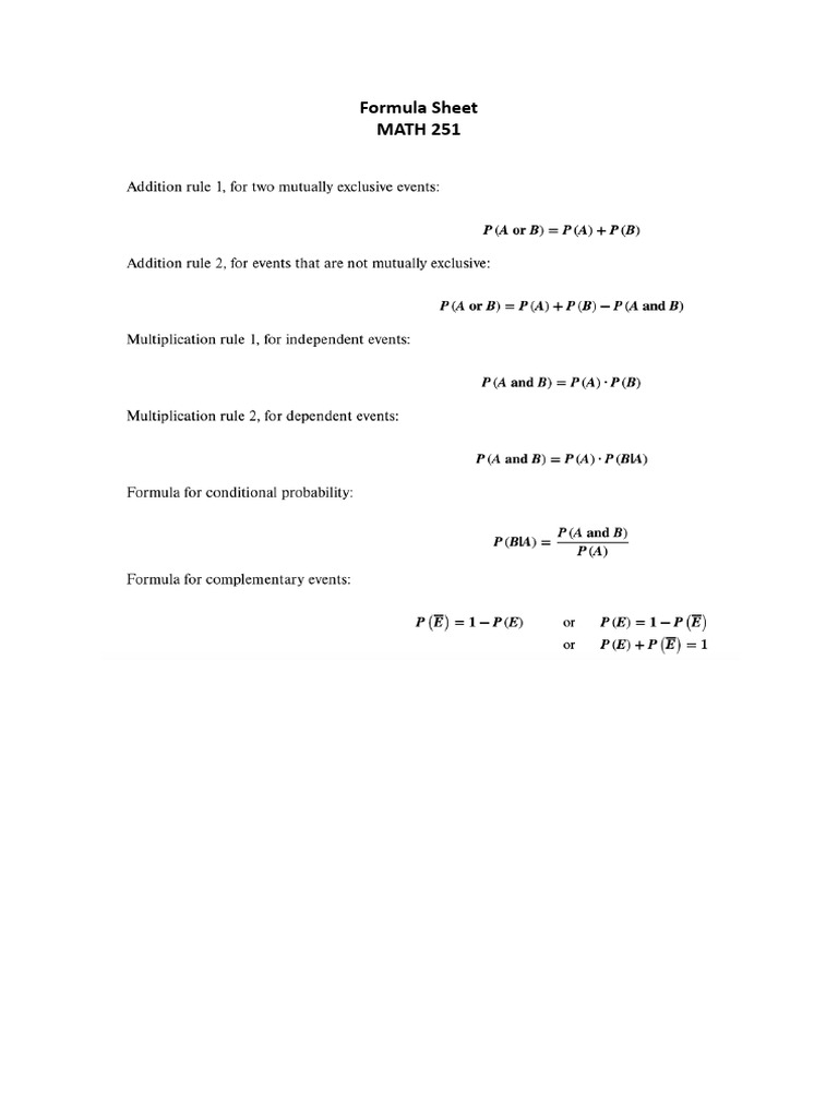 Formula Sheet For MATH 251 | PDF