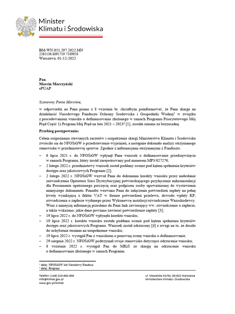 Odpowiedź Na Skarge - Pan Marcin Marczyński | PDF