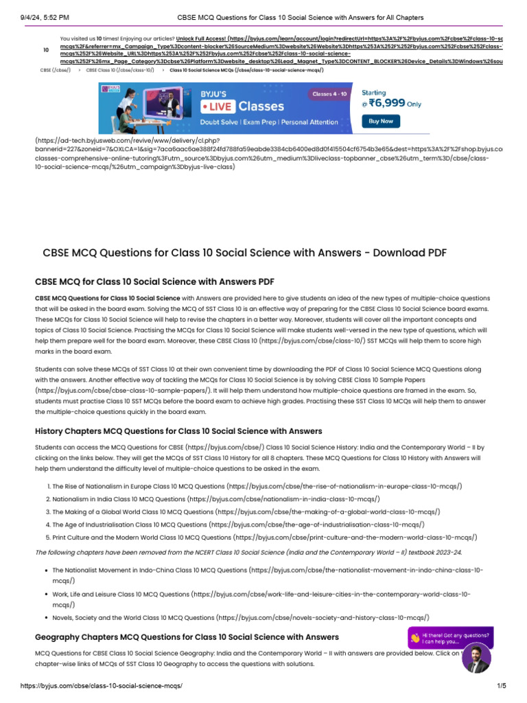 CBSE MCQ Questions For Class 10 Social Science With Answers For All ...