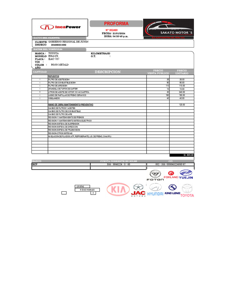 Proforma Mtto Preventivo Eac-787 | PDF | Tecnología de vehículos ...