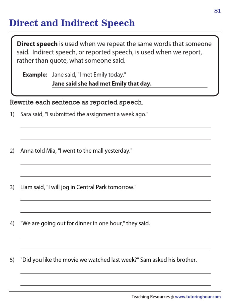 Direct and Indirect Speech Worksheet | PDF