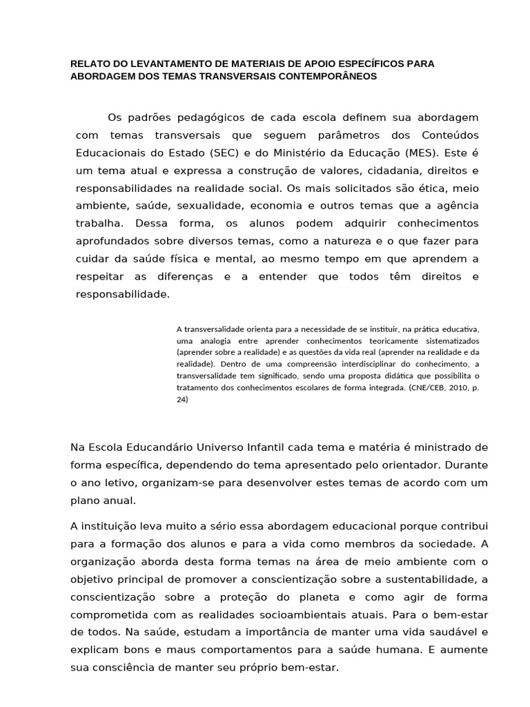 Relato Do Levantamento de Materiais de Apoio Específicos para Abordagem ...