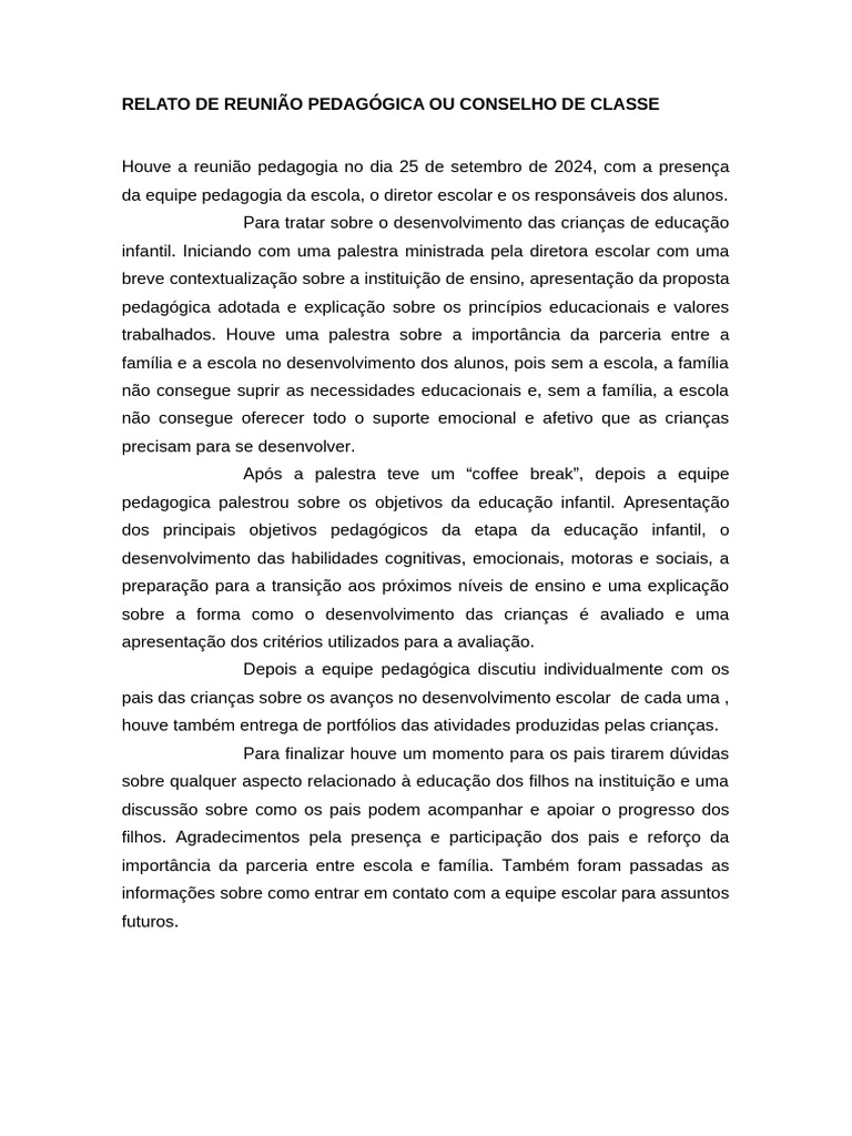 Relato de Reunião Pedagógica-Hadassa | PDF