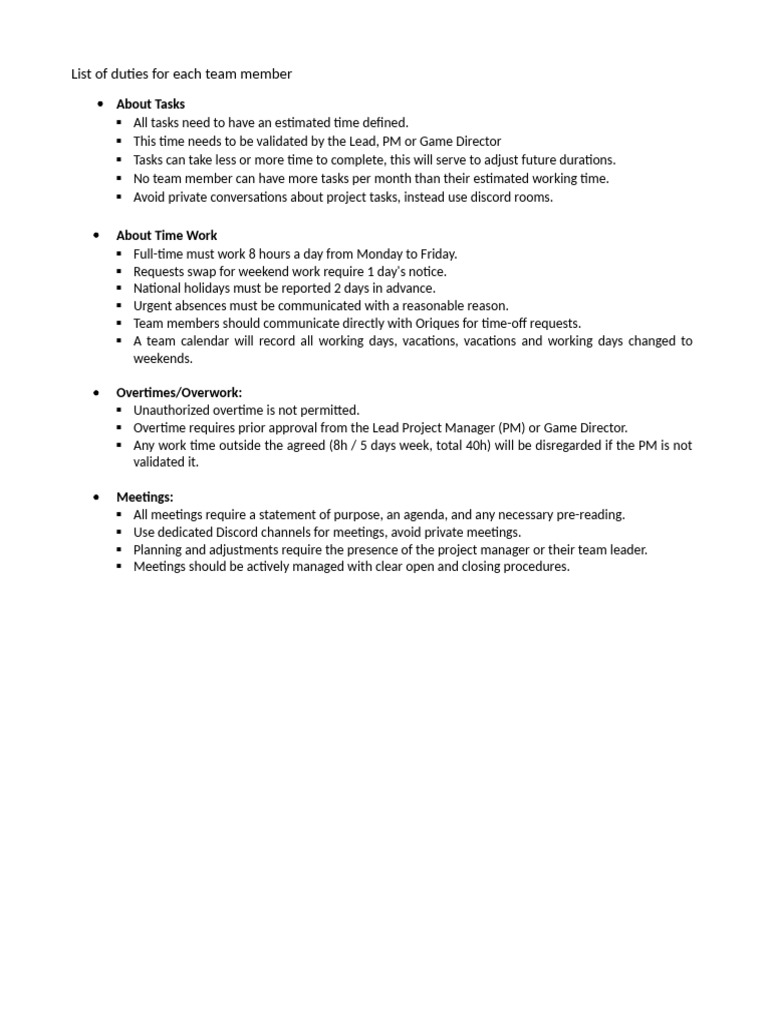 List of Duties For Each Team Member | PDF | Career & Growth