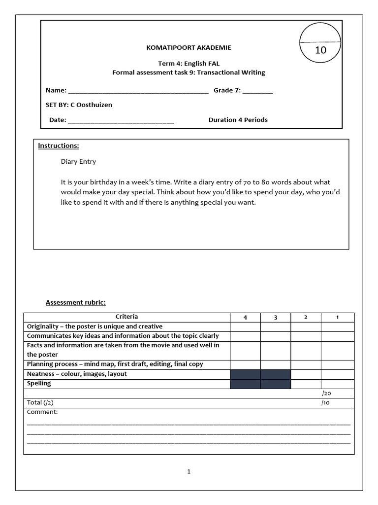 Grade 7 Diary Entry Assignment | PDF