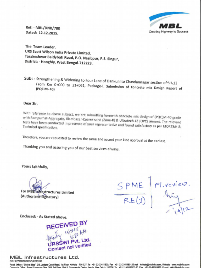 MBL-URS-780 Dated 12.12.15-Mix Design (PQC M40) | PDF