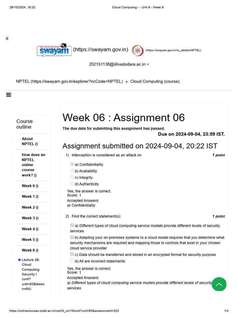 Week 06: Assignment 06: Assignment Submitted On 2024-09-04, 20:22 IST | PDF | Encryption | Cloud ...