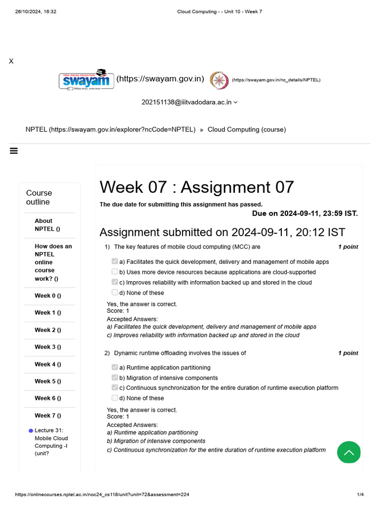 Week 07: Assignment 07: Assignment Submitted On 2024-09-11, 20:12 IST | PDF | Cloud Computing ...