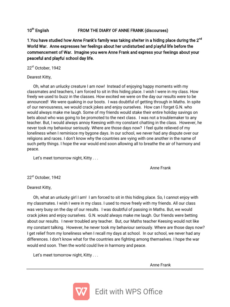 10th English From The Diary of Anne Frank | PDF