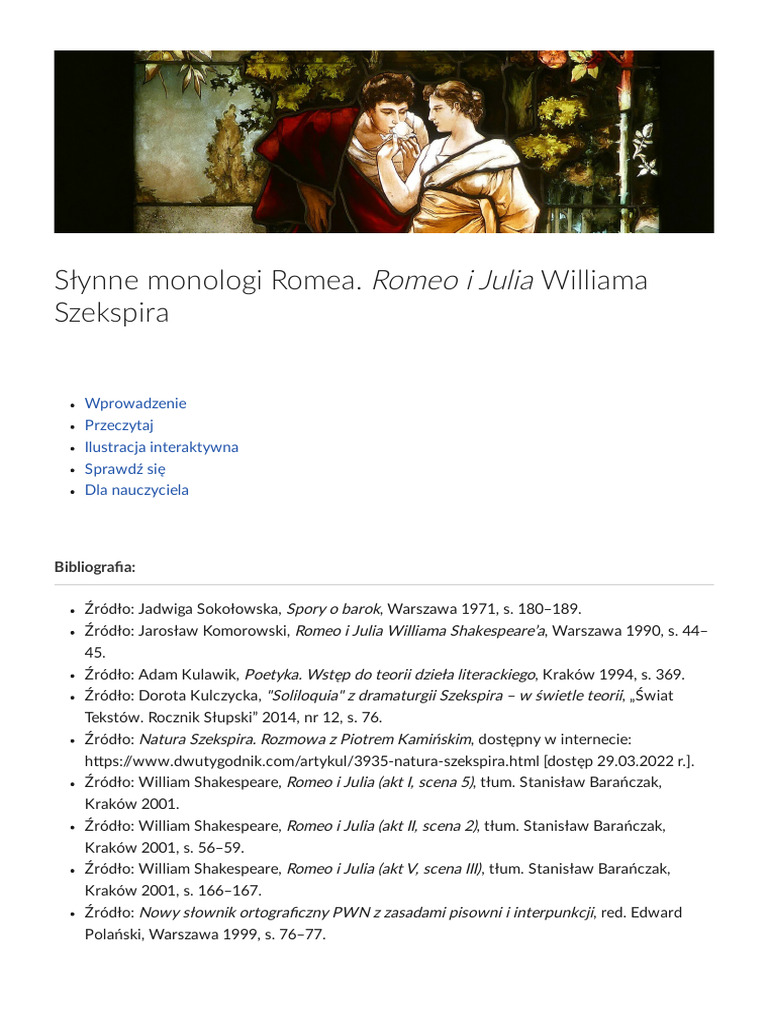 Slynne Monologi Romea Romeo I Julia Williama Szekspira 2 | PDF