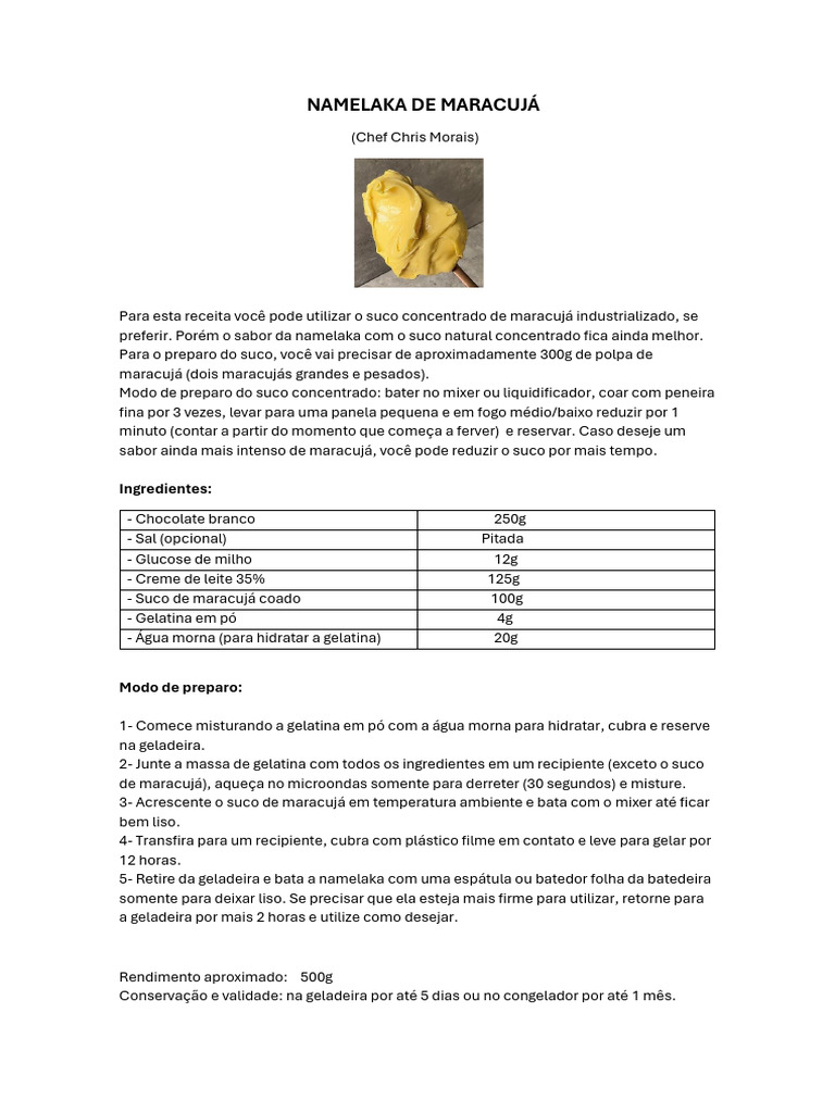 Ficha Técnica - Namelaka de Maracujá. (Chef Chris Morais) | PDF