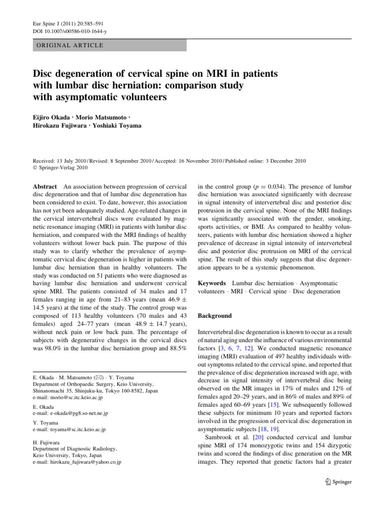 Disc Degeneration of Cervical Spine On MRI in Patients With Lumbar Disc ...