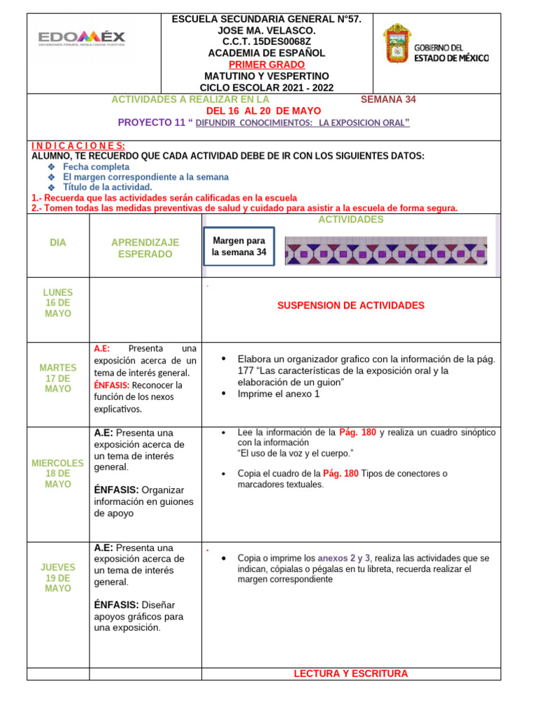 Semana 34 primero ESPAÑOL | PDF