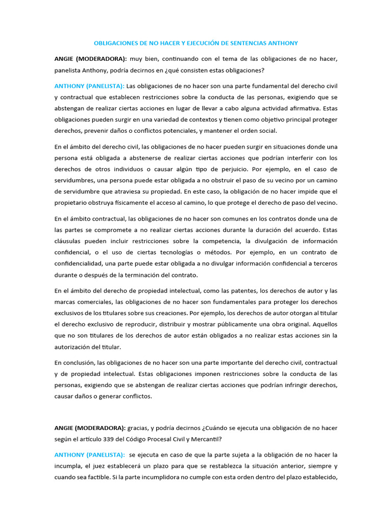 Obligaciones de No Hacer y Ejecución de Sentencias Anthony | PDF ...