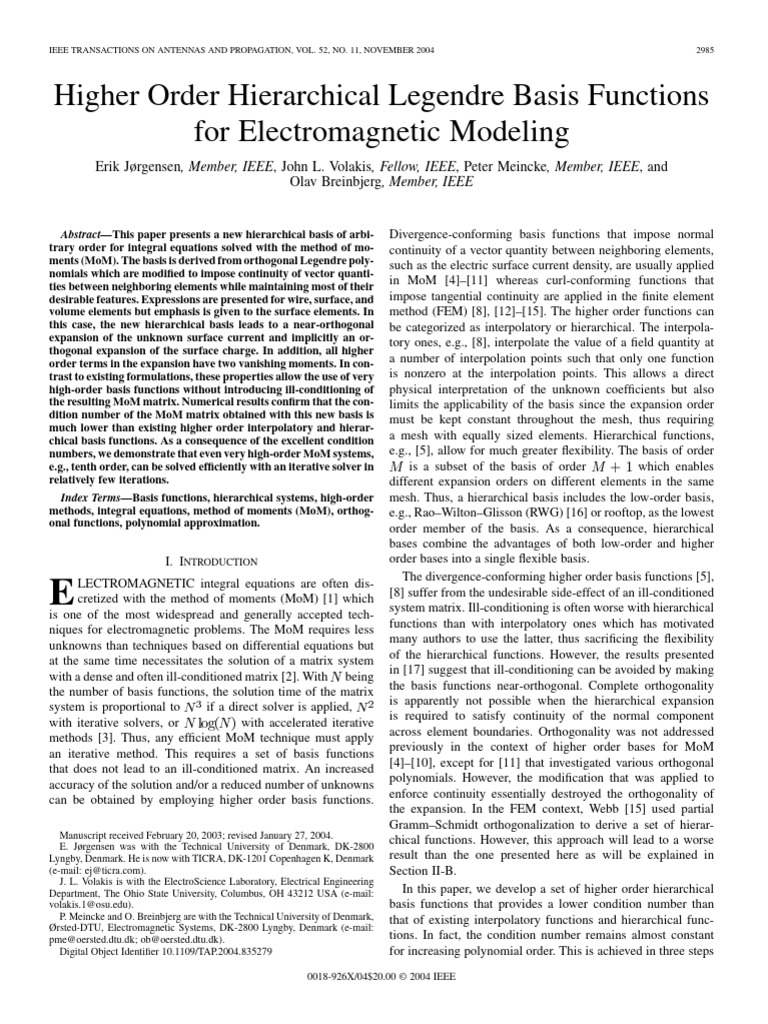 2004 - Higher Order Heirarchical Legendre Basis Functions For ...
