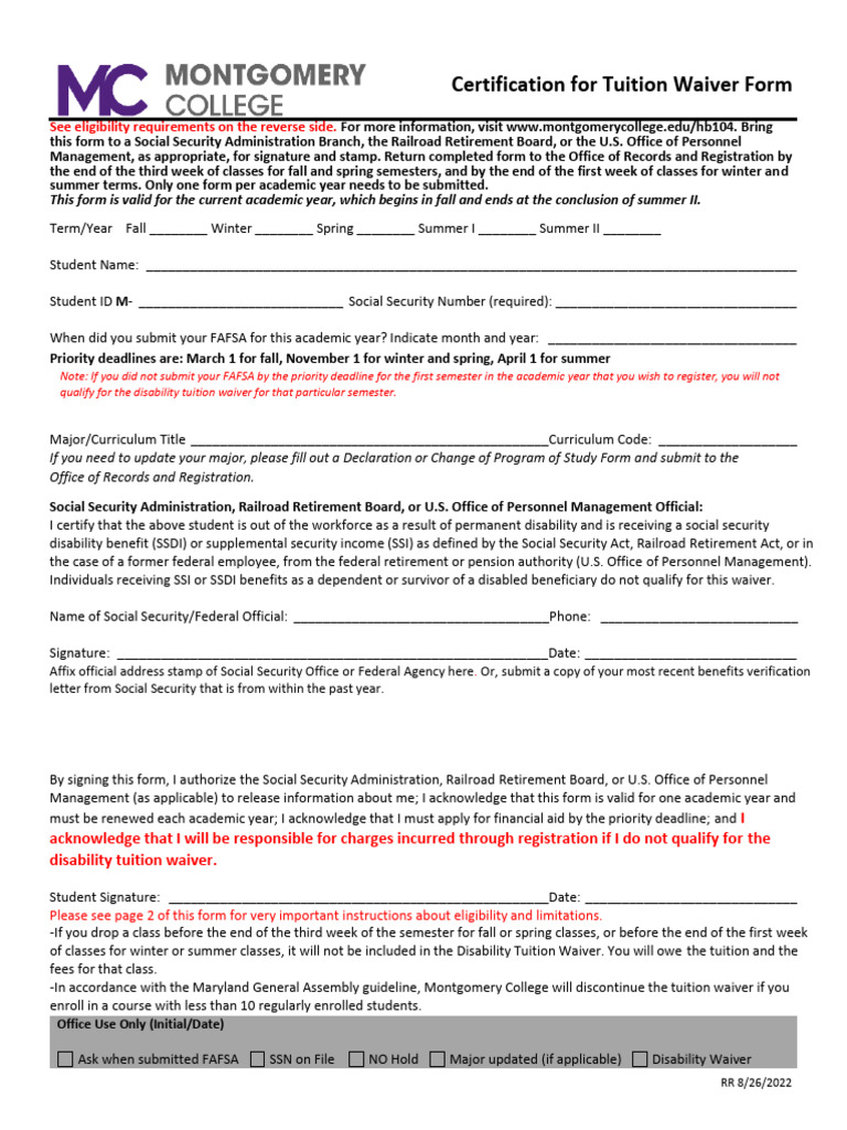 certification-for-tuition-waiver-form | PDF | Social Security (United ...