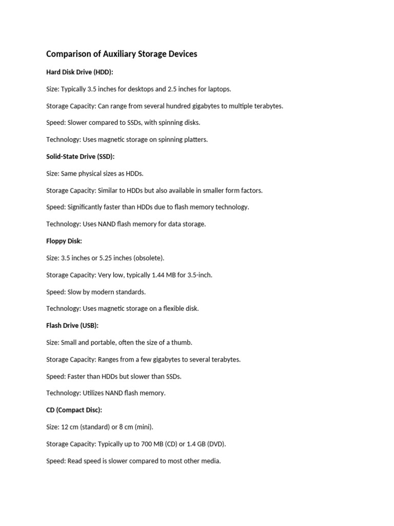 Auxiliary Storage Devices Comparison | PDF | Hard Disk Drive | Computer ...