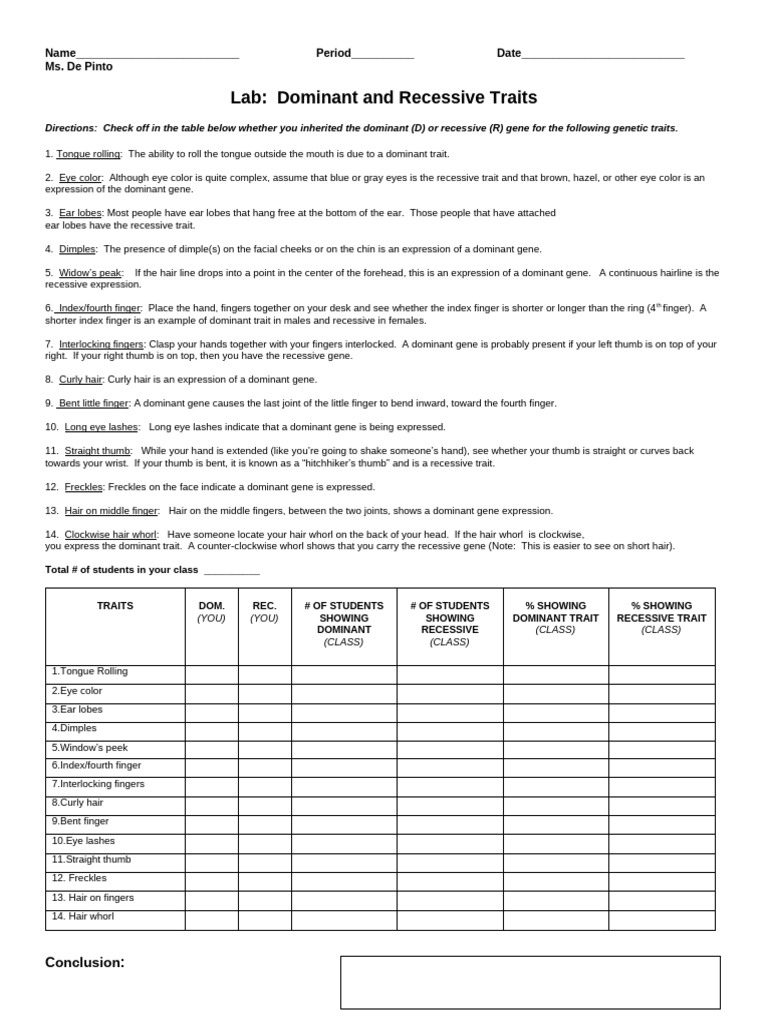 2 - Dominant and Recessive Traits Lab | PDF | Genotype | Dominance ...