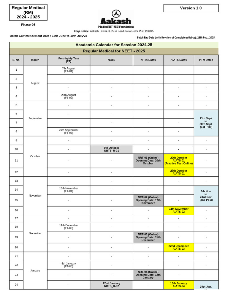 Academic Calendar Regular Medical Phase 03 2024 25 Version 1 0 | PDF ...